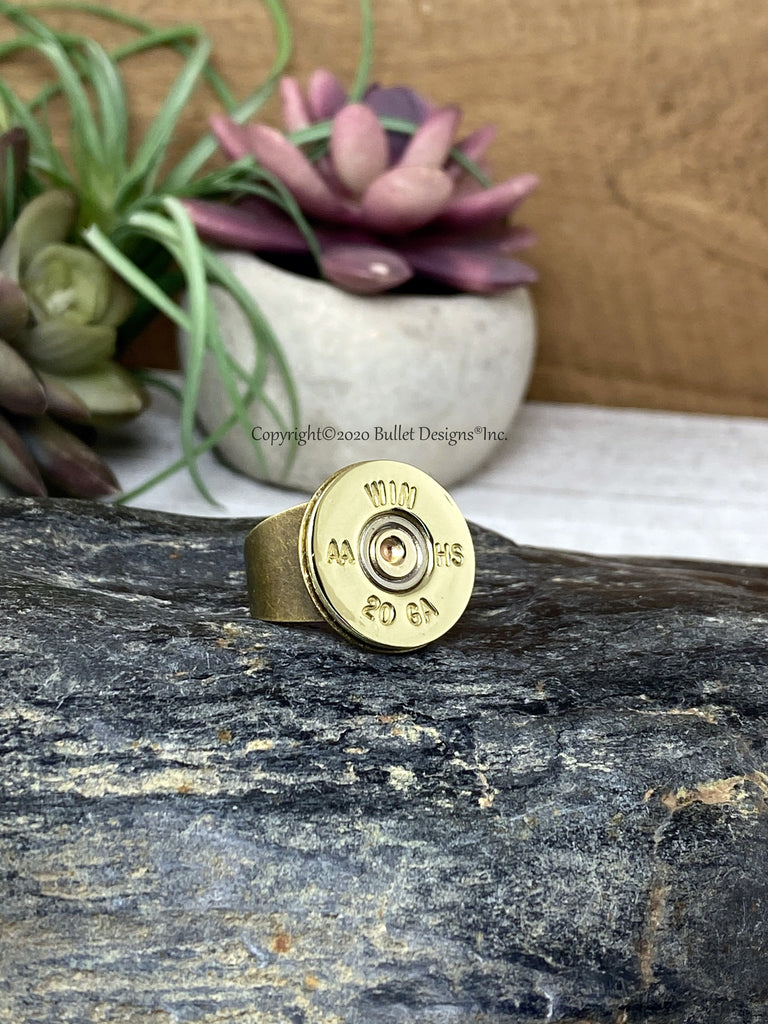 20 Gauge Antique Bronze Plated Brass Adjustable Bullet Ring – Bullet ...